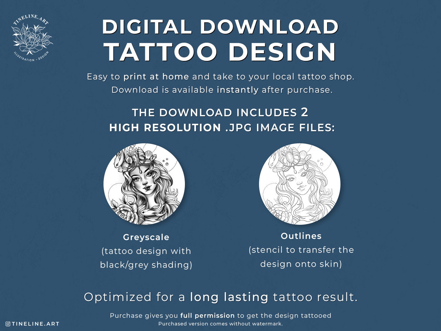 Pisces Lady With Fishes, Peonies, Ocean Seashell Crown Printable Tattoo ...