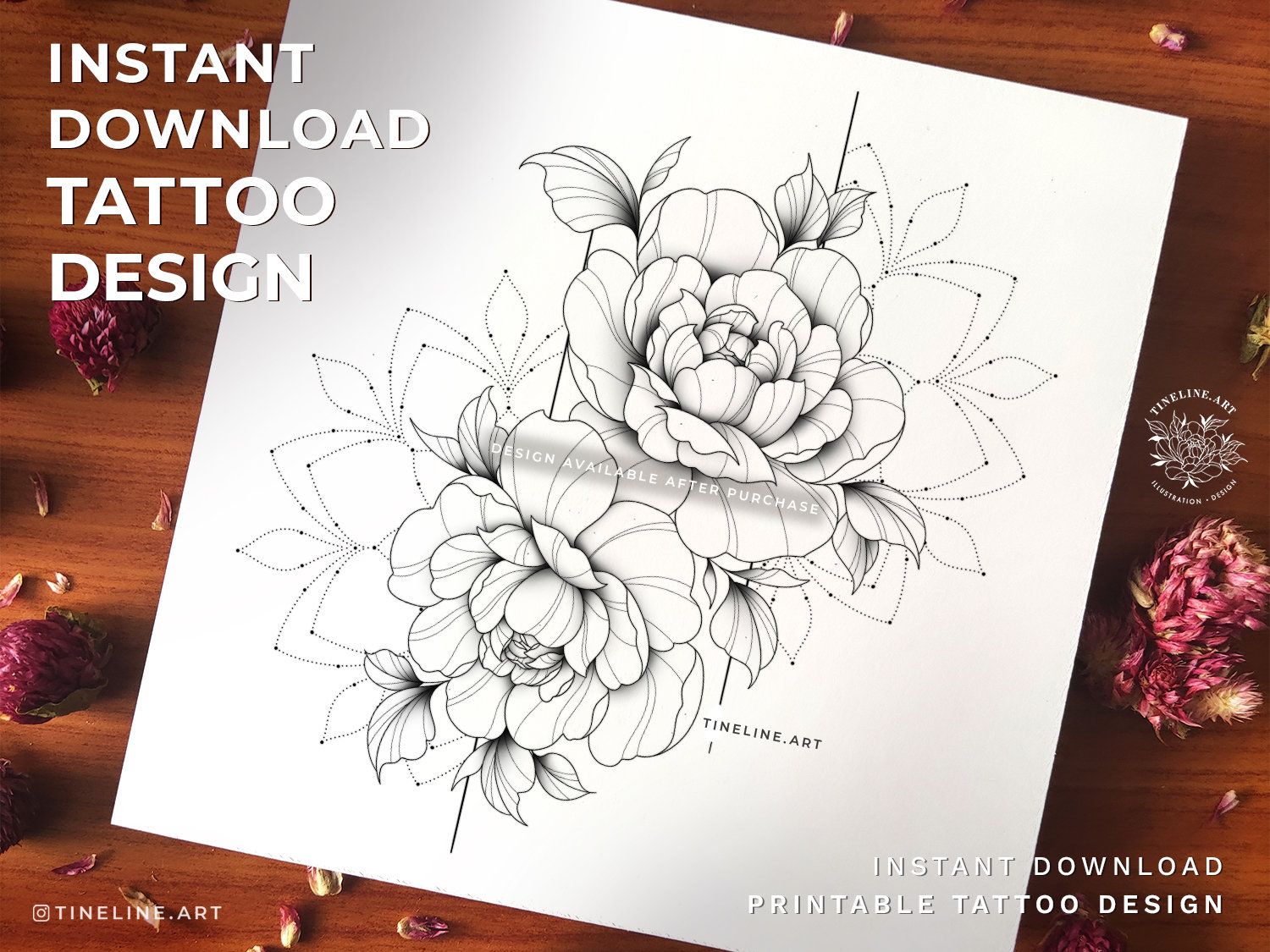 Tattoo Design - Peonies With Mandala - Black/grey - Instant Download ...