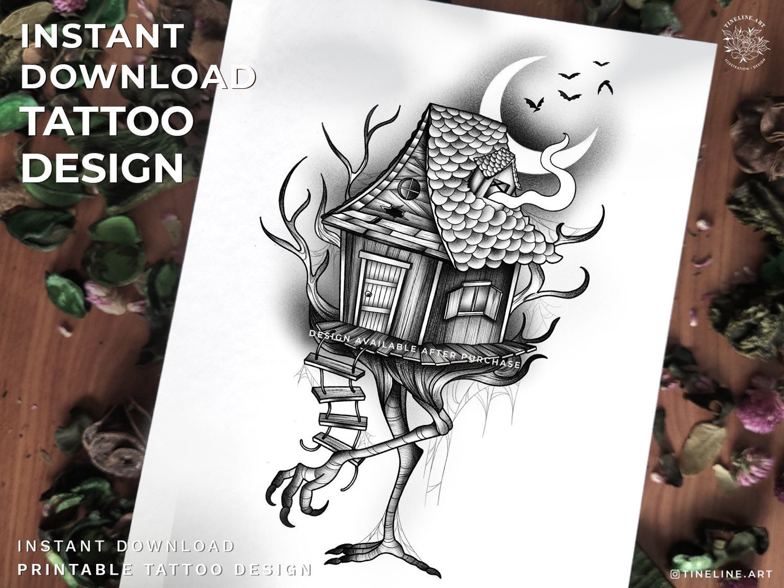Tattoo Design - Baba Yaga - Yagas Hut - Slavic Witch Fairy Tale - Black ...