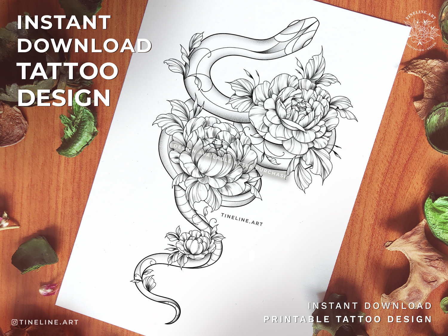 Tattoo Design - Abstract Snake With Peonies - Black/grey - Instant ...