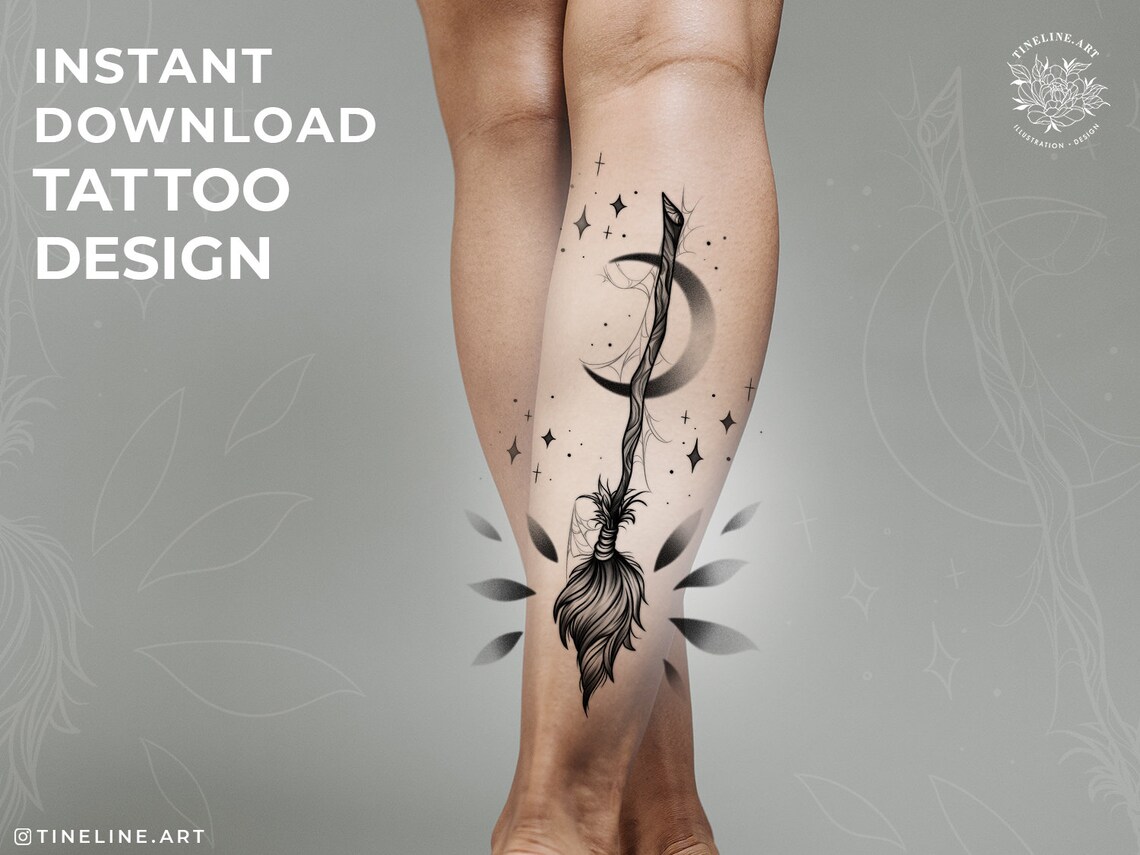 Tattoo Design Spooky Witch Broom With Moon Feminine,fineline Black/grey ...