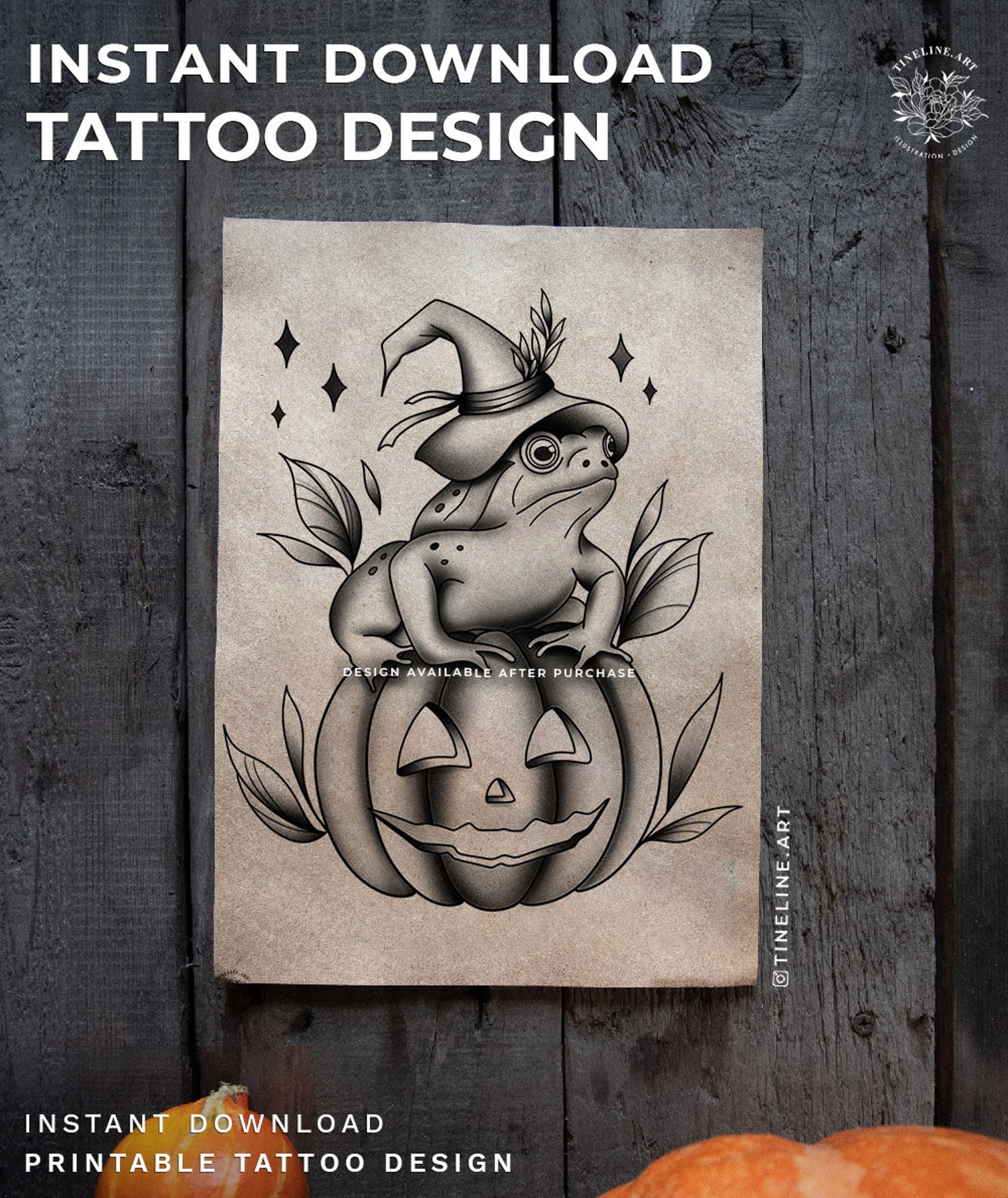 Tattoo Design - Cute Toad Witch Hat and Pumpkin Feminine,fineline ...