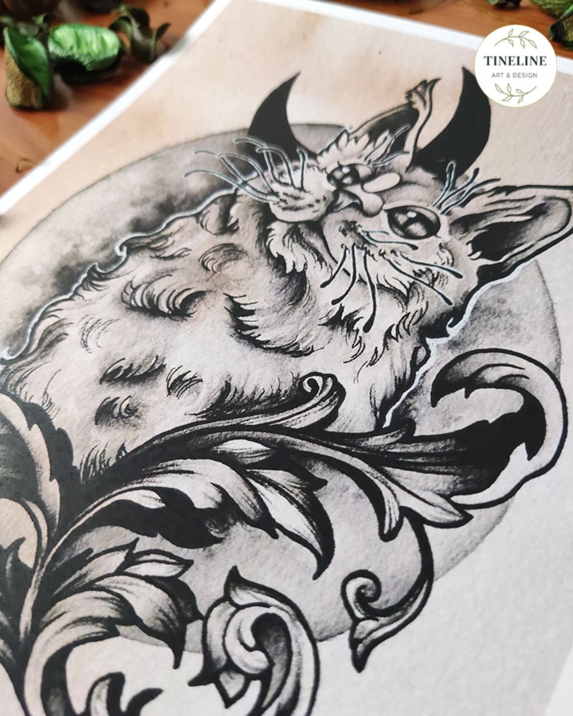 Lunar Neotraditional Blackwork Cat Tattoo Art Print - Etsy