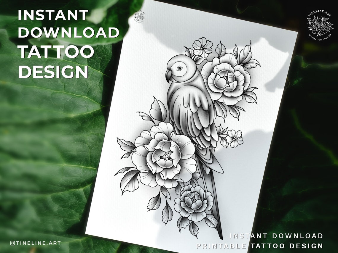 Tattoo Design Parrot and Peonies Feminine,fineline Black/grey Instant ...