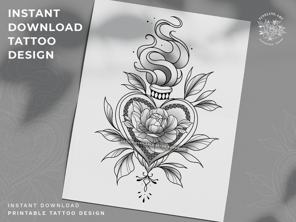 Greyscale Sacred Heart With Peony - Black/grey - Instant Download ...