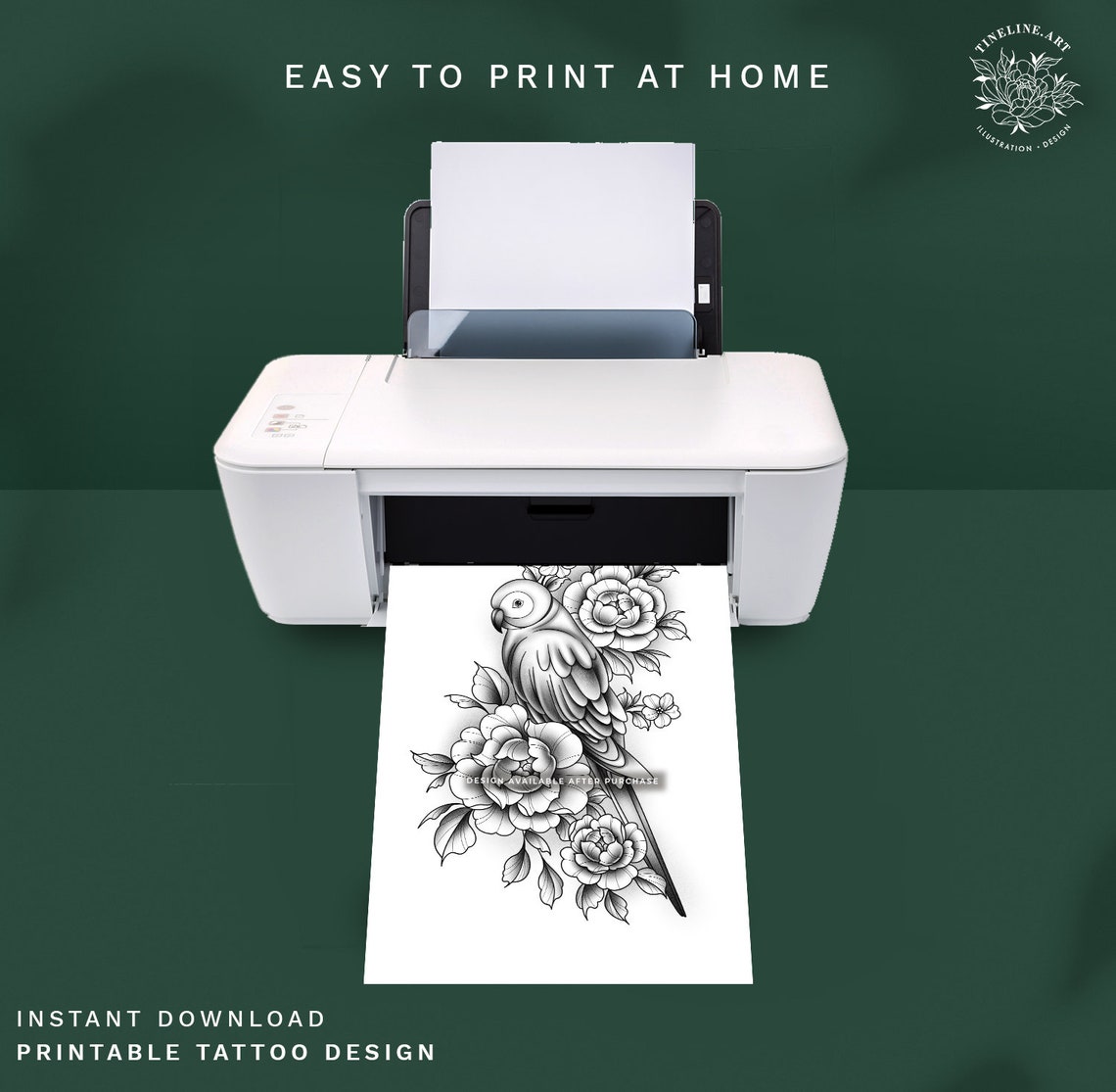 Tattoo Design Parrot and Peonies Feminine,fineline Black/grey Instant ...