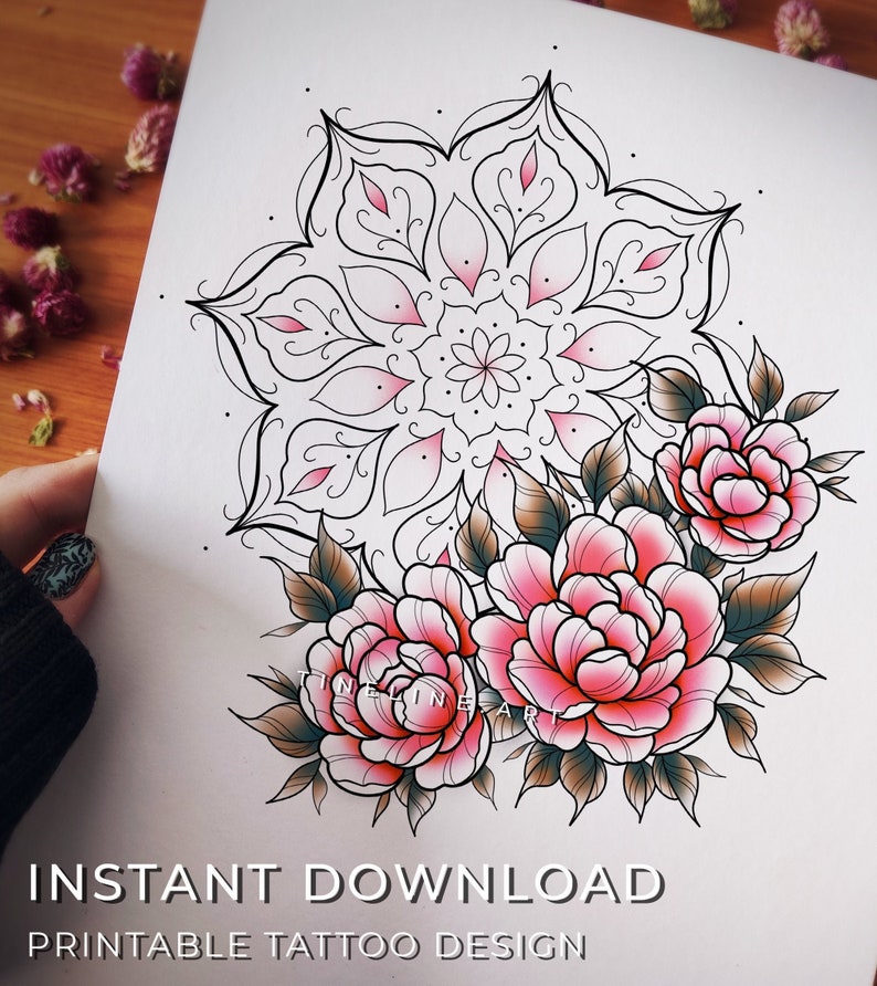 Feminine Rose Colored Peony Mandala Floral Printable Tattoo - Etsy