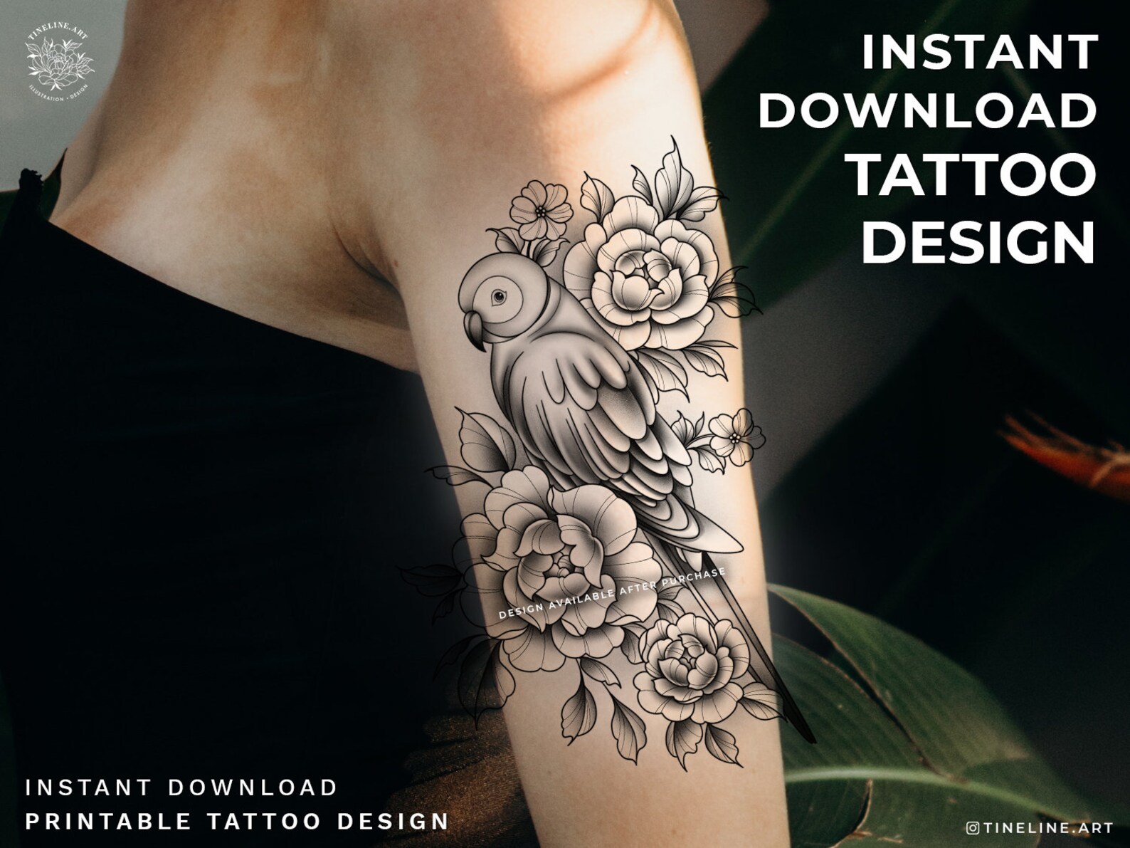 Tattoo Design - Parrot and Peonies Feminine,fineline - Black/grey ...