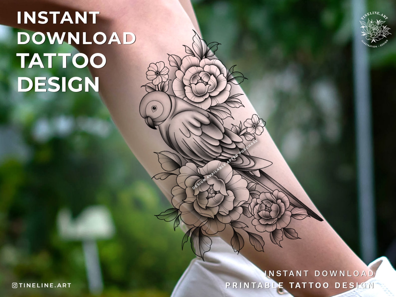 Tattoo Design - Parrot and Peonies Feminine,fineline - Black/grey ...