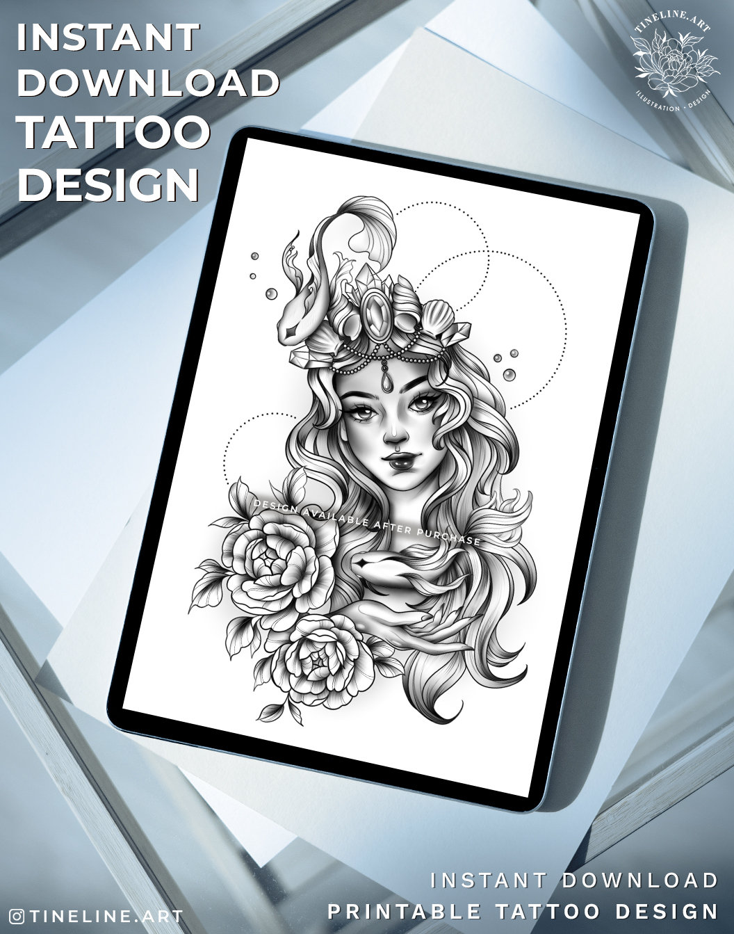 Pisces Lady With Fishes, Peonies, Ocean Seashell Crown Printable Tattoo ...