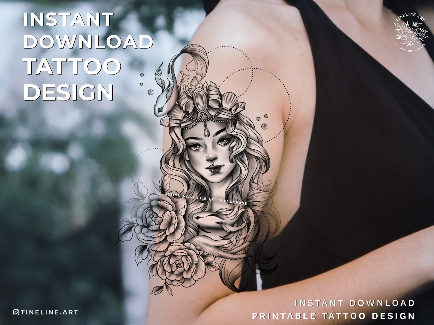 Pisces Lady With Fishes, Peonies, Ocean Seashell Crown Printable Tattoo ...