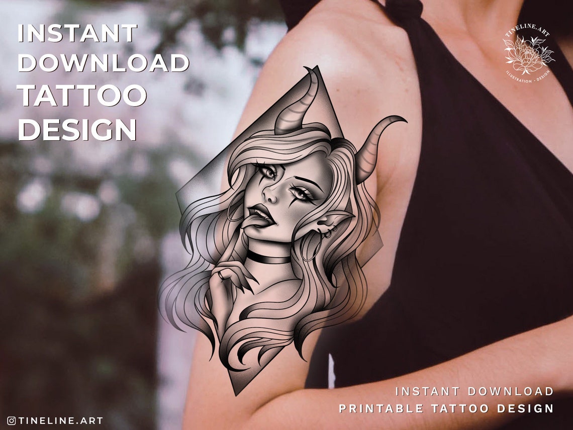 Tattoo Design Devil Lady Portrait Femininefineline Horns - Etsy