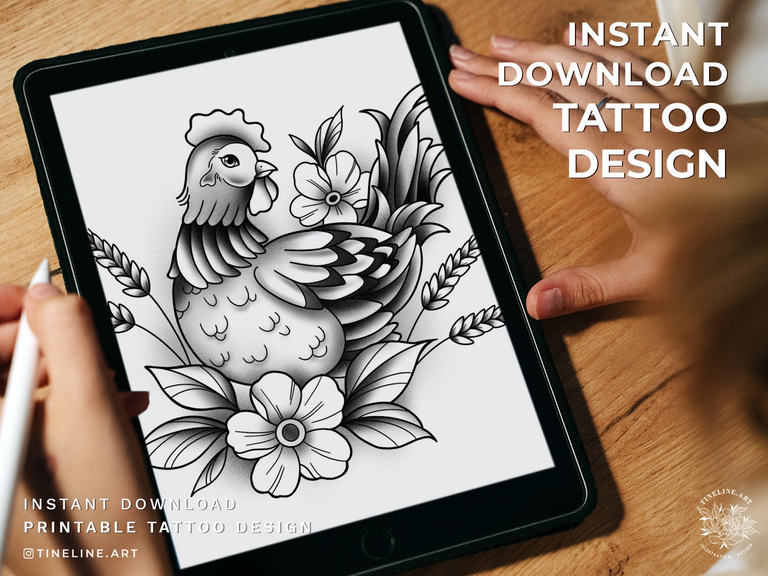 Tattoo Design - Floral Rooster Chicken With Wheat Feminine,fineline ...