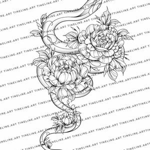 Tattoo Design - Abstract Snake With Peonies - Black/grey - Instant ...