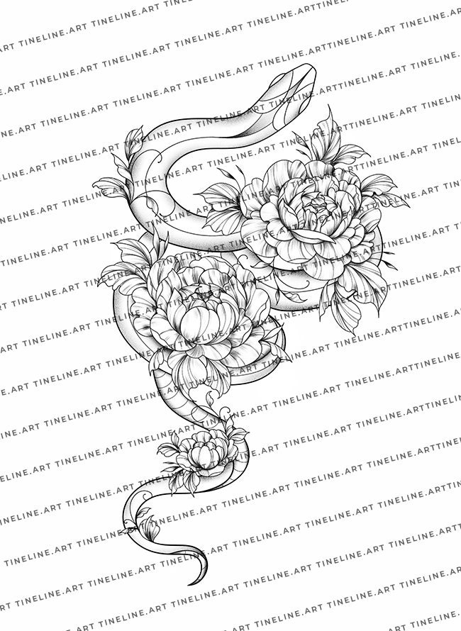 Tattoo Design - Abstract Snake With Peonies - Black/grey - Instant ...