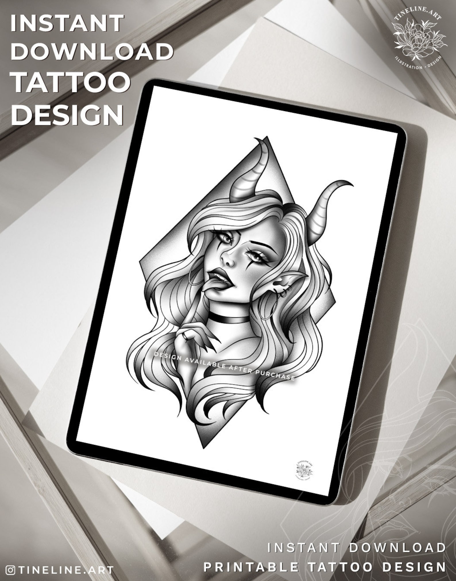 Tattoo Design Devil Lady Portrait Femininefineline Horns - Etsy