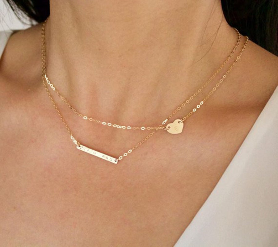 Bar and Heart Layering Necklace//personalized Tiny Bar - Etsy