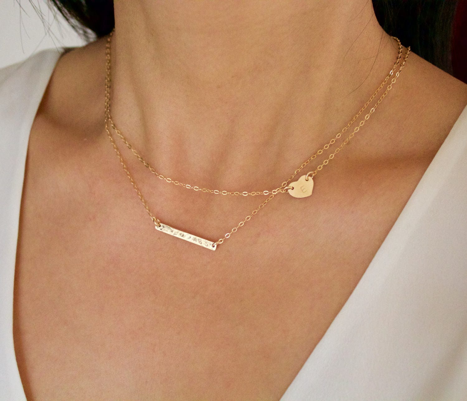 Bar and Heart Layering Necklace//personalized Tiny Bar - Etsy