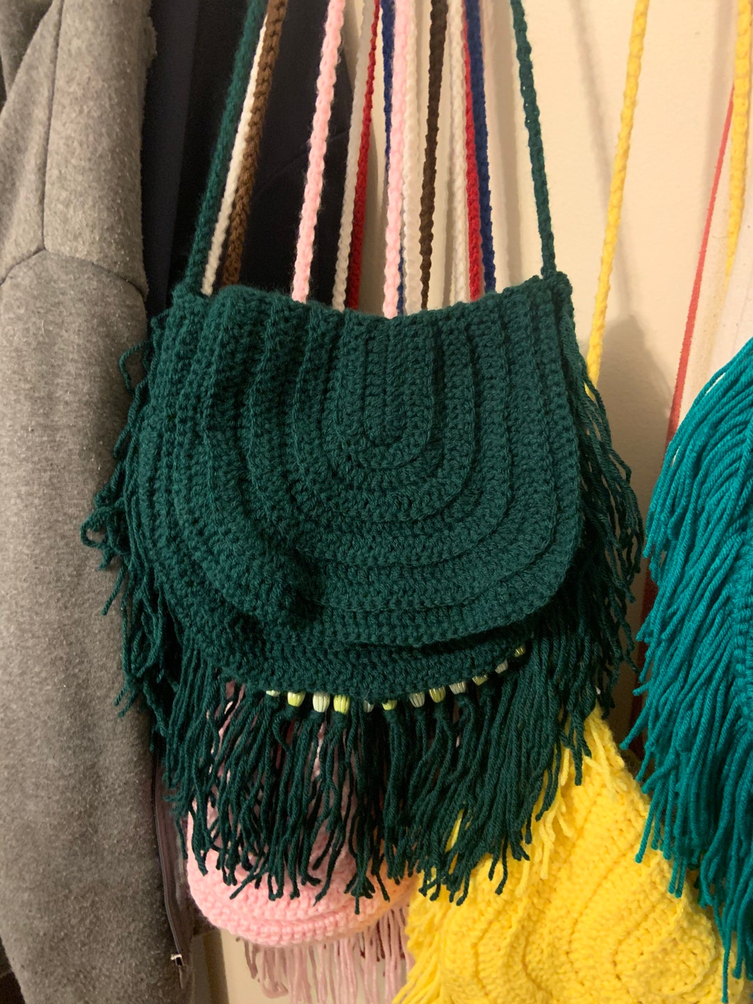 Forest Green Crochet Crossbody Bag, Fringe Messenger Bag - Etsy