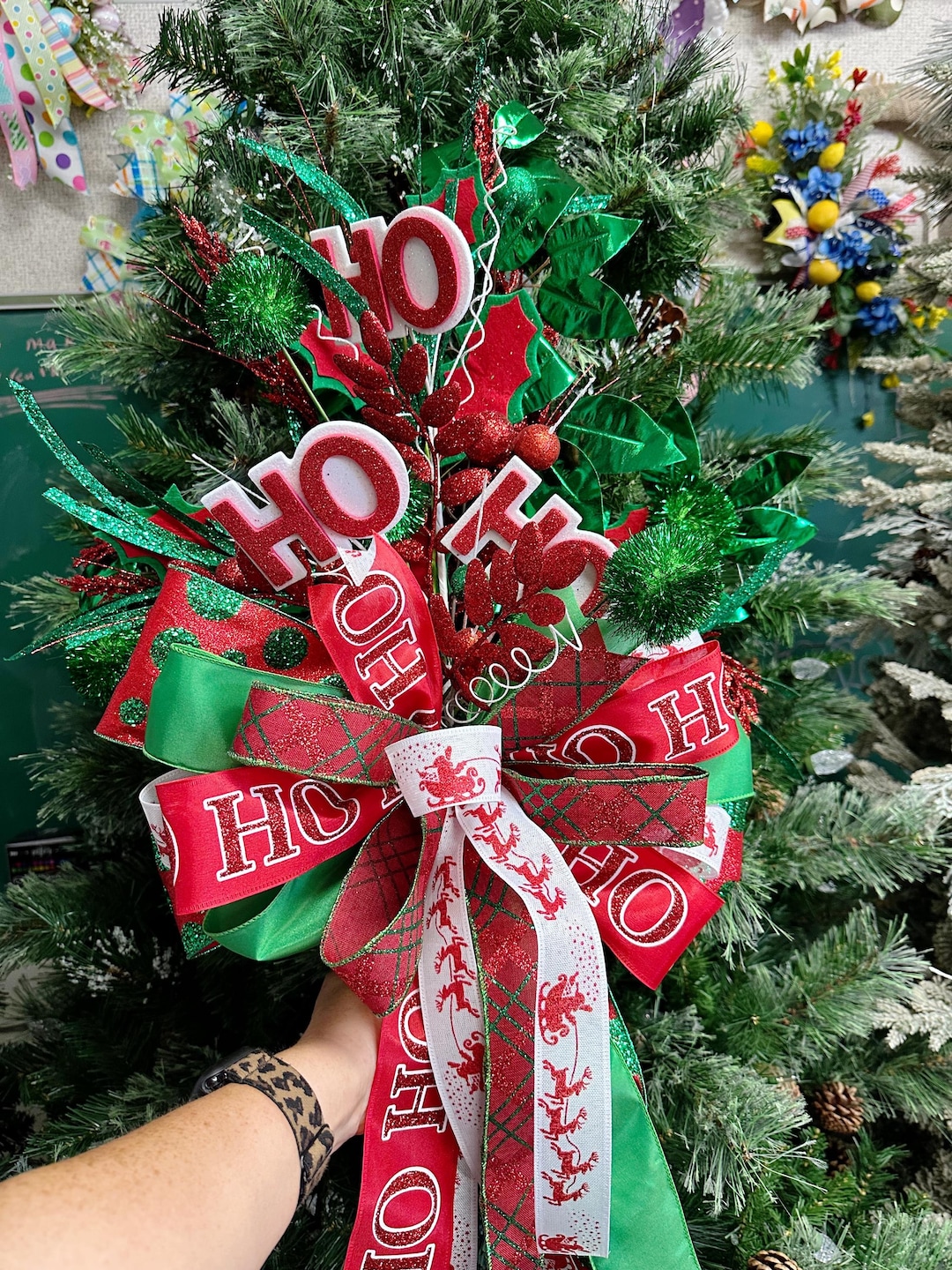 Ho Ho Ho Christmas Tree Topper Bow With Sprays, Red and Green Oversized ...