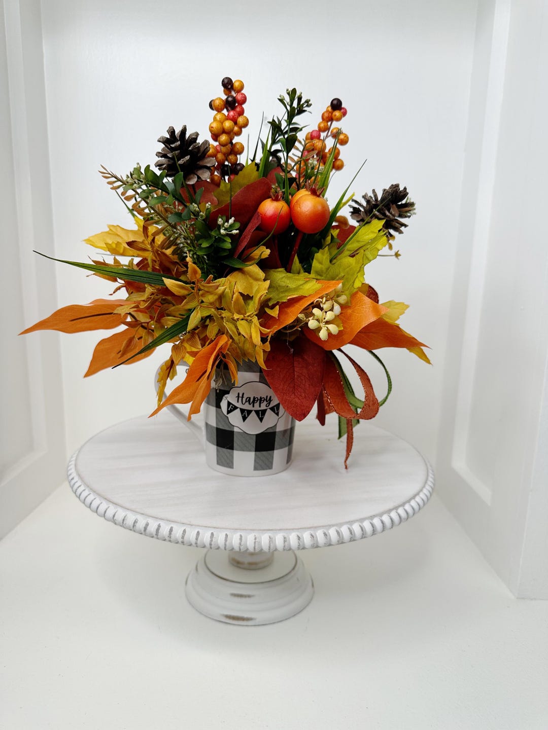 Happy Fall Buffalo Plaid Mug Centerpiece, Fall Arrangement, Orange ...