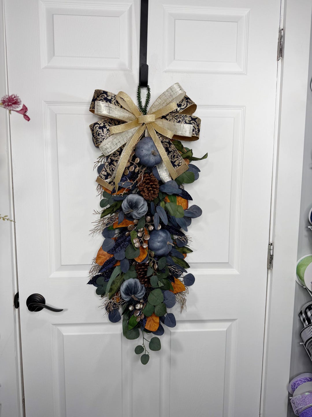 Elegant Navy and Gold Velvet Pumpkin Swag, Fall Door Swag With ...