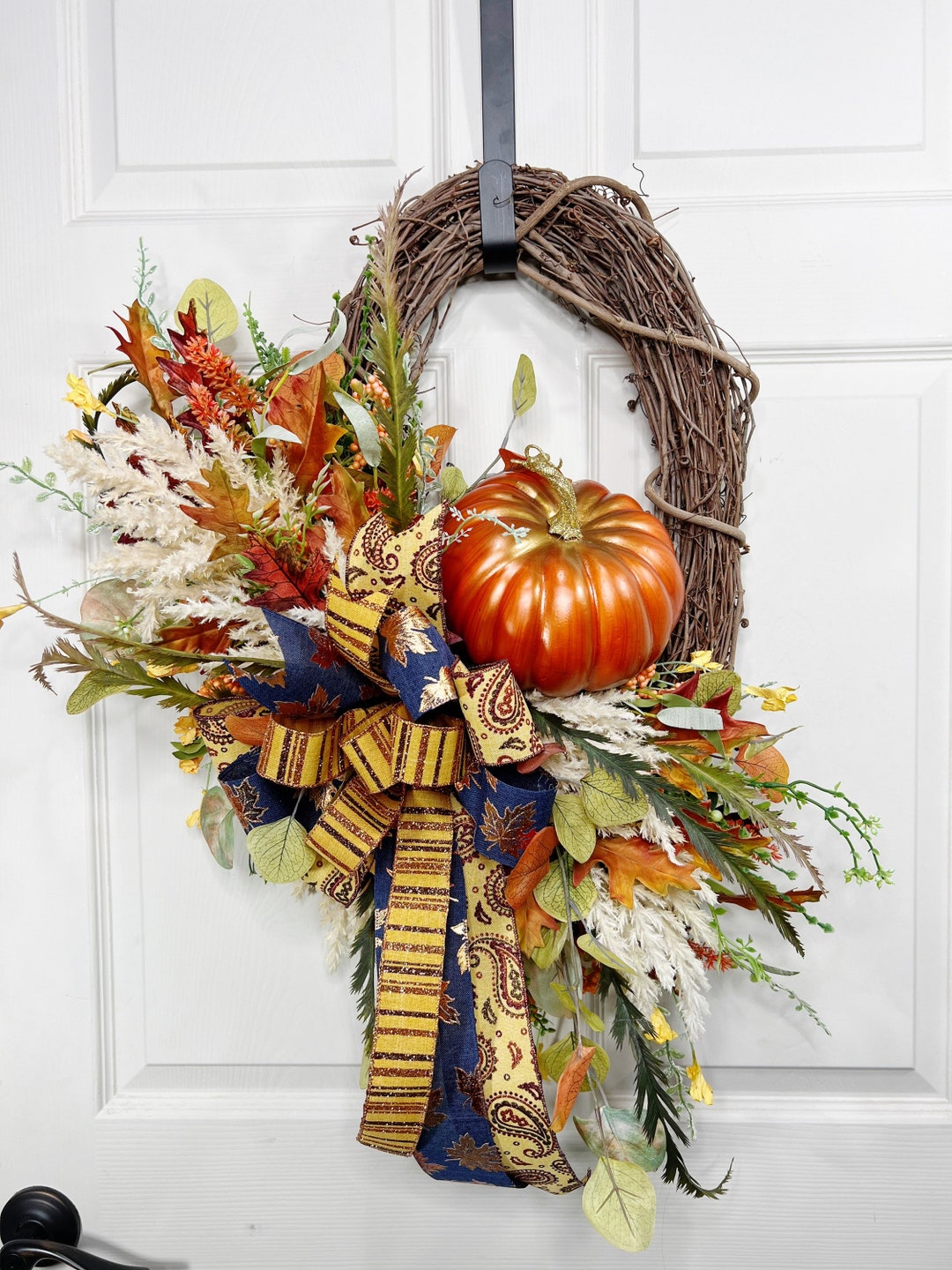 Rustic Fall Oval Grapevine Wreath With Pumpkin, Harvest Foliage, and ...