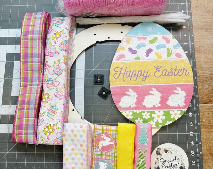 Happy Easter Wreath Kit With Bunny Ribbon and Mesh, DIY Spring Door ...