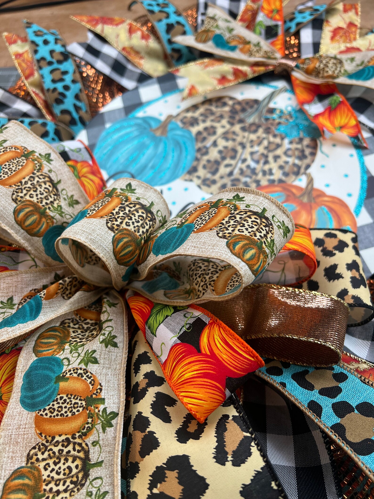 Fall Wreath With Turquoise Pumpkins and Leopard Print, Buffalo Plaid ...