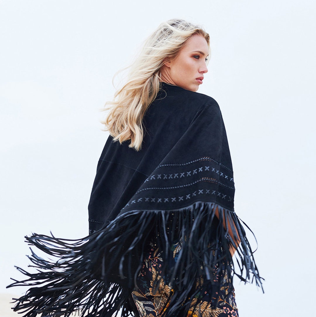 Nadine Black, Extra Large Luxury Real Suede Fringe Wrap, Boho Fringe ...
