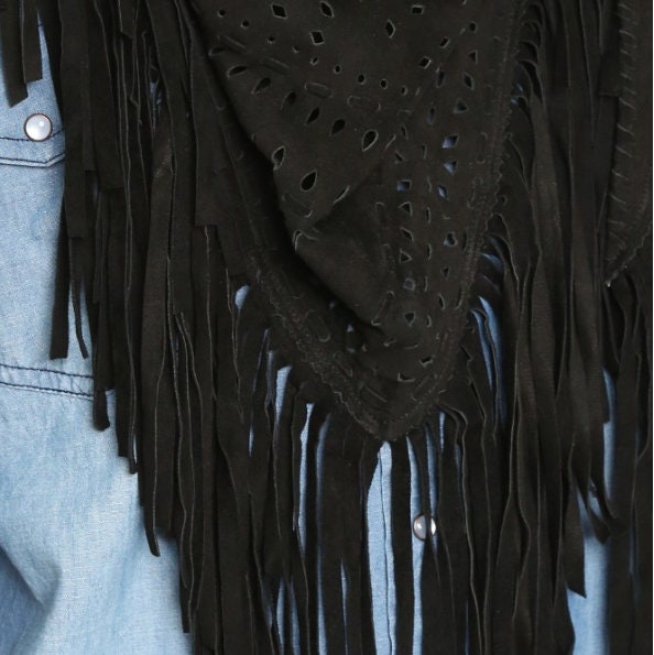 Black Luxury Real Suede Fringe Wrap, Bohostyle Fringe Shawl, Western ...