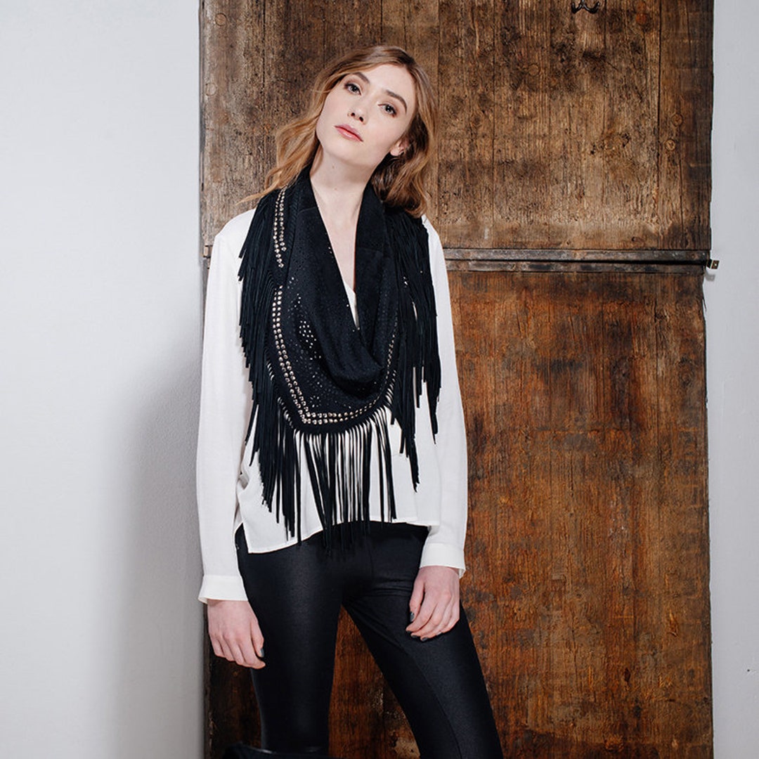 Handmade Black Luxury Suede Fringe Wrap W/ Silver Studs, Studded ...
