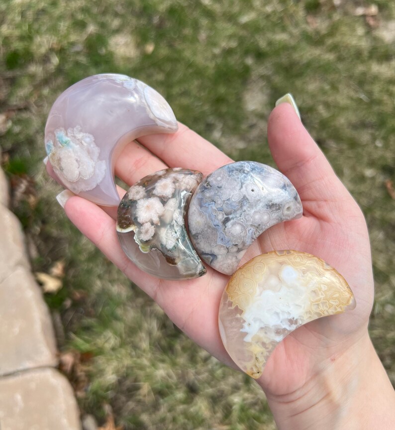 Flower Agate Moon | Cherry Blossom Agate | Crystal Moon | Crescent Moon ...