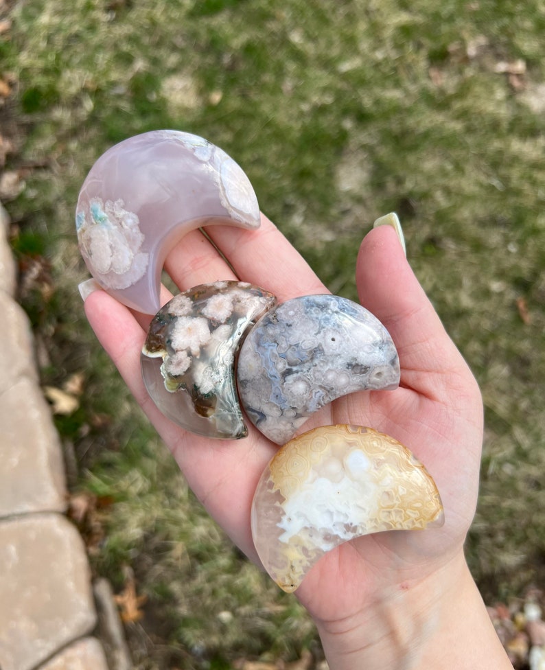 Flower Agate Moon | Cherry Blossom Agate | Crystal Moon | Crescent Moon ...