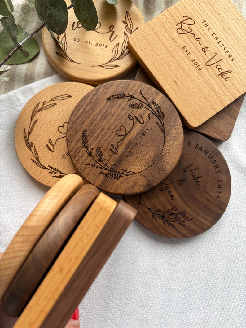 Custom Wooden Personalized Coasters Gift Set for Her | Engraved ...