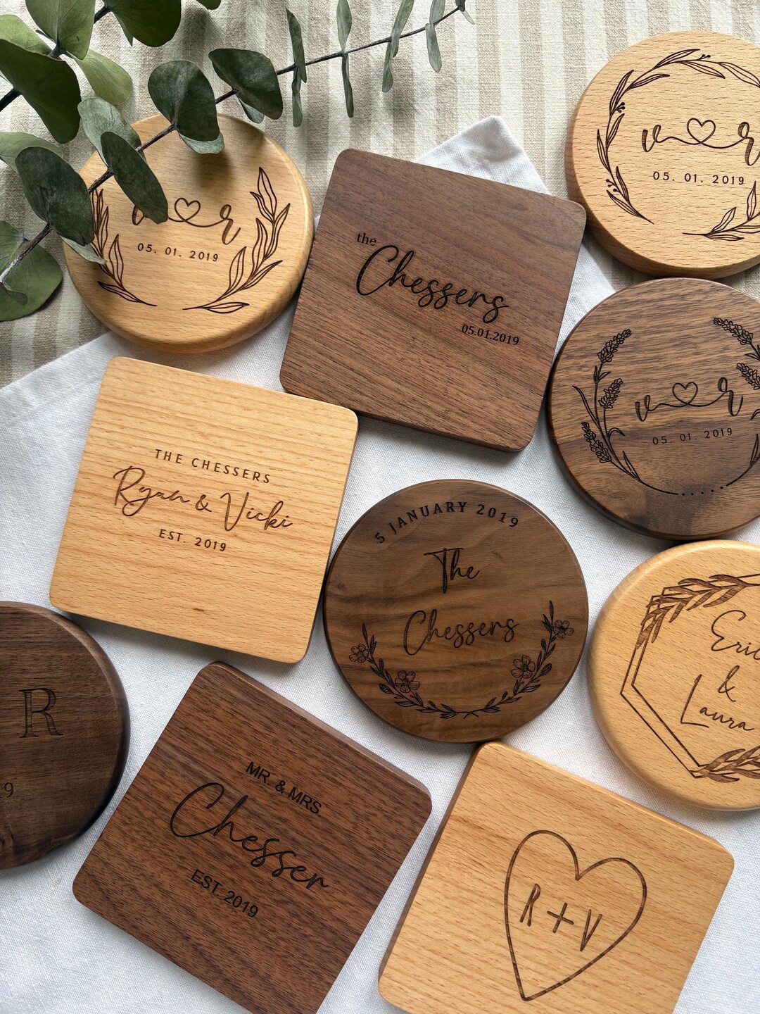 Custom Wooden Personalized Coasters Gift Set for Her | Engraved ...