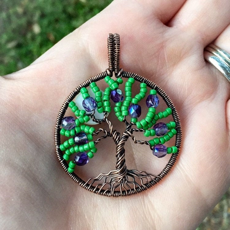 Beaded Tree of Life Necklace Family Tree Pendant Wire Wrapped Copper ...