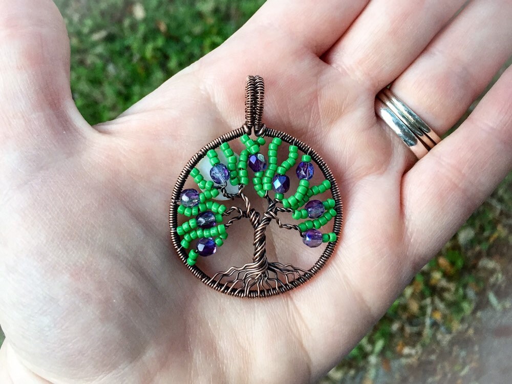 Beaded Tree of Life Necklace Family Tree Pendant Wire Wrapped Copper ...