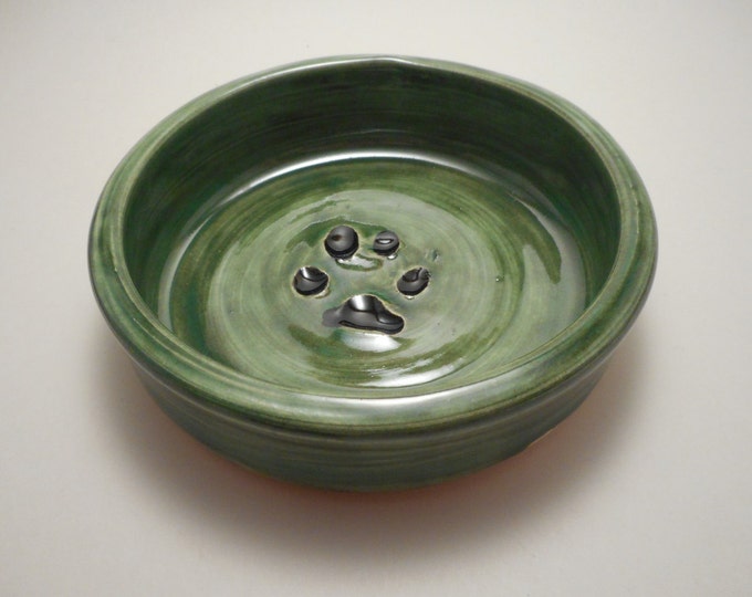 Green Ceramic Dog Bowl With Small Paw Print, Handmade Pottery, Hand ...