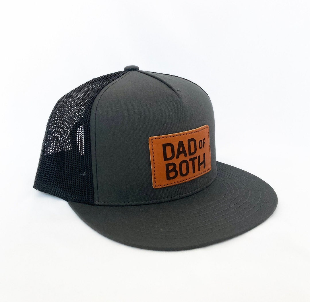 Dad of Both Leather Patch Flat Bill Trucker Hat, Charcoal/black Trucker Hat, Leather Snapback ...