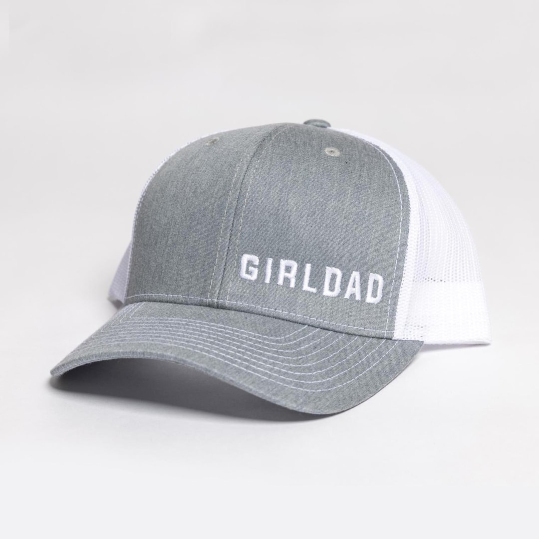 Girldad® Embroidered Trucker Hat, Heather Grey & White With Offset Logo ...