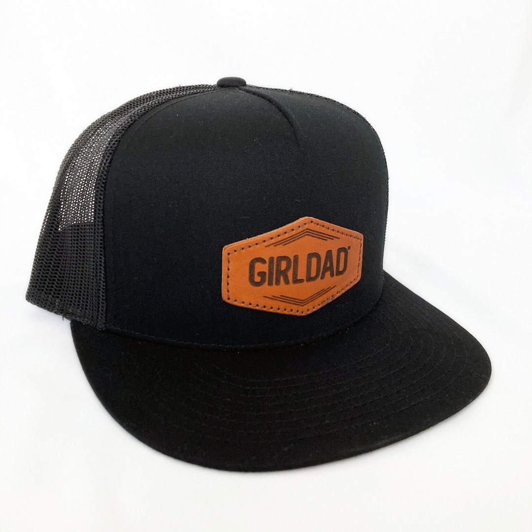 Girldad® Leather Patch Flat Bill Trucker Hat, Black/black Trucker Hat, Leather Snapback Hat ...