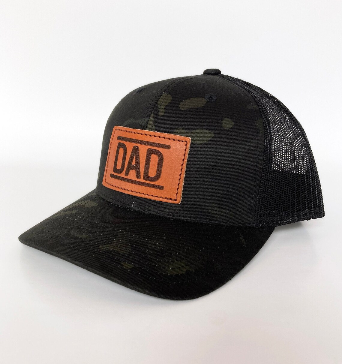 Leather Patch Dad Trucker Hat Teak Black Camo Trucker Hat - Etsy