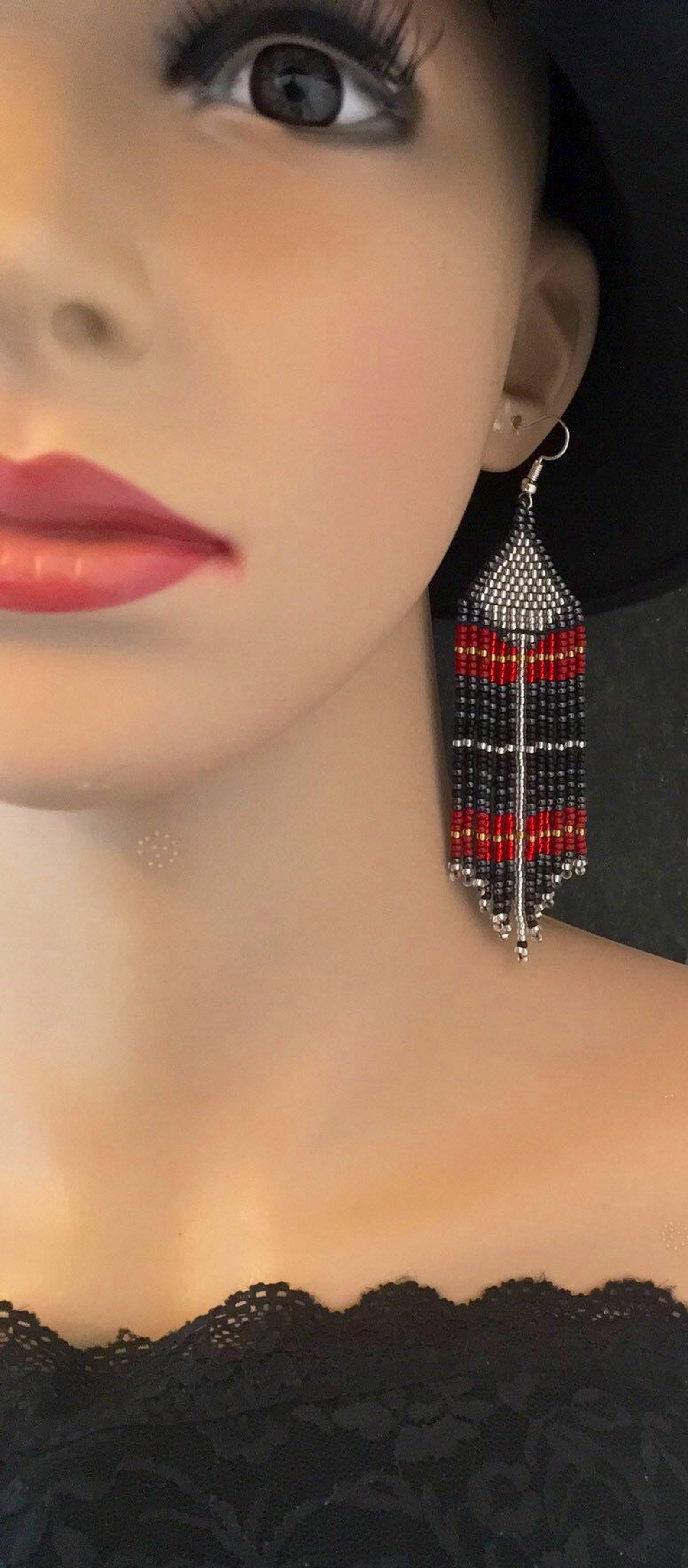 Native American Seed Bead Tartan Beaded Fringe Earrings Silver Black ...