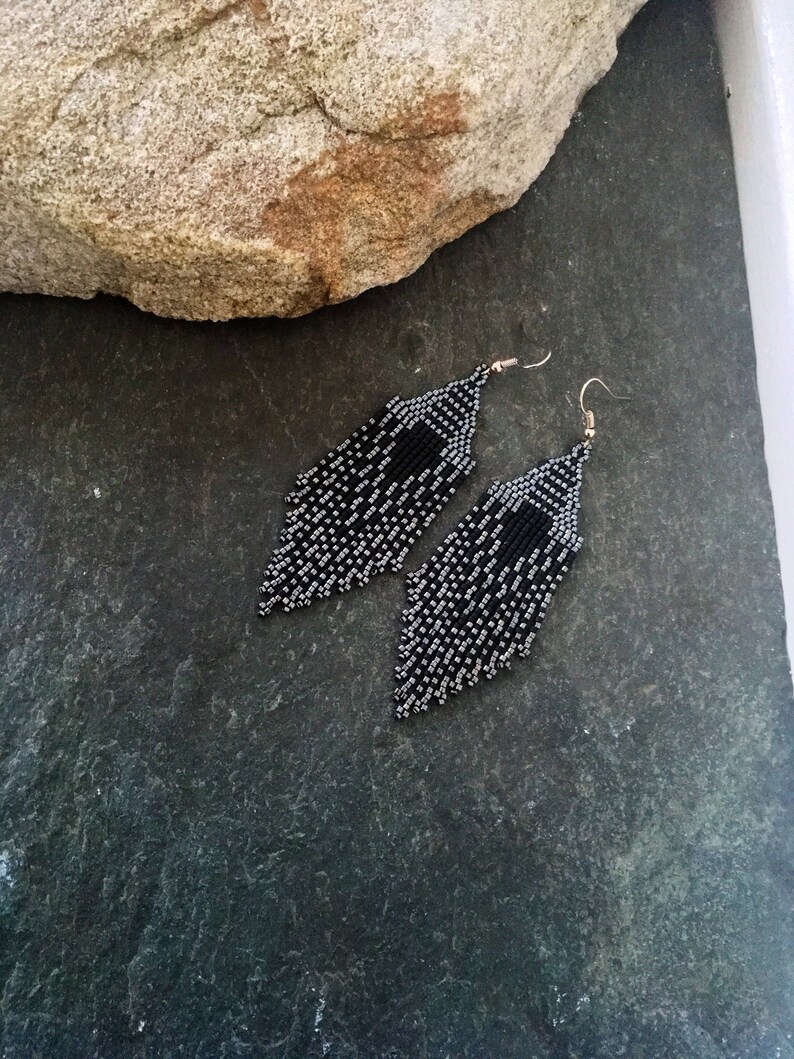 Gunmetal and Black Sparkling Native American Beaded Glass Earrings ...