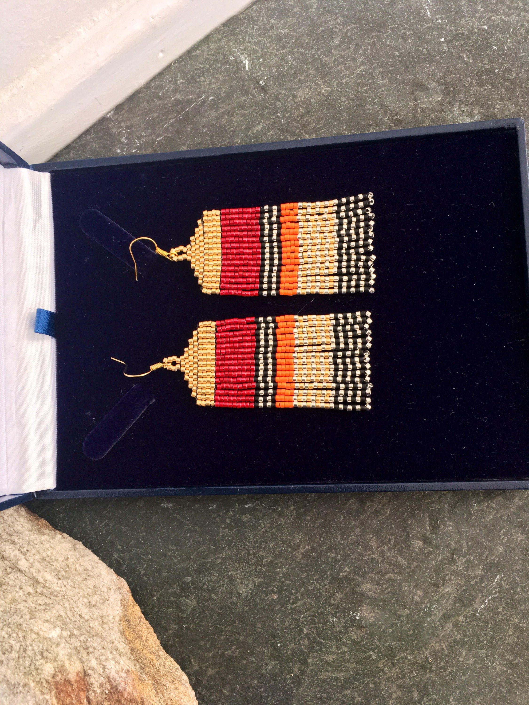 Unique Native American Beaded Stripe Minimalist Everyday Earrings White ...