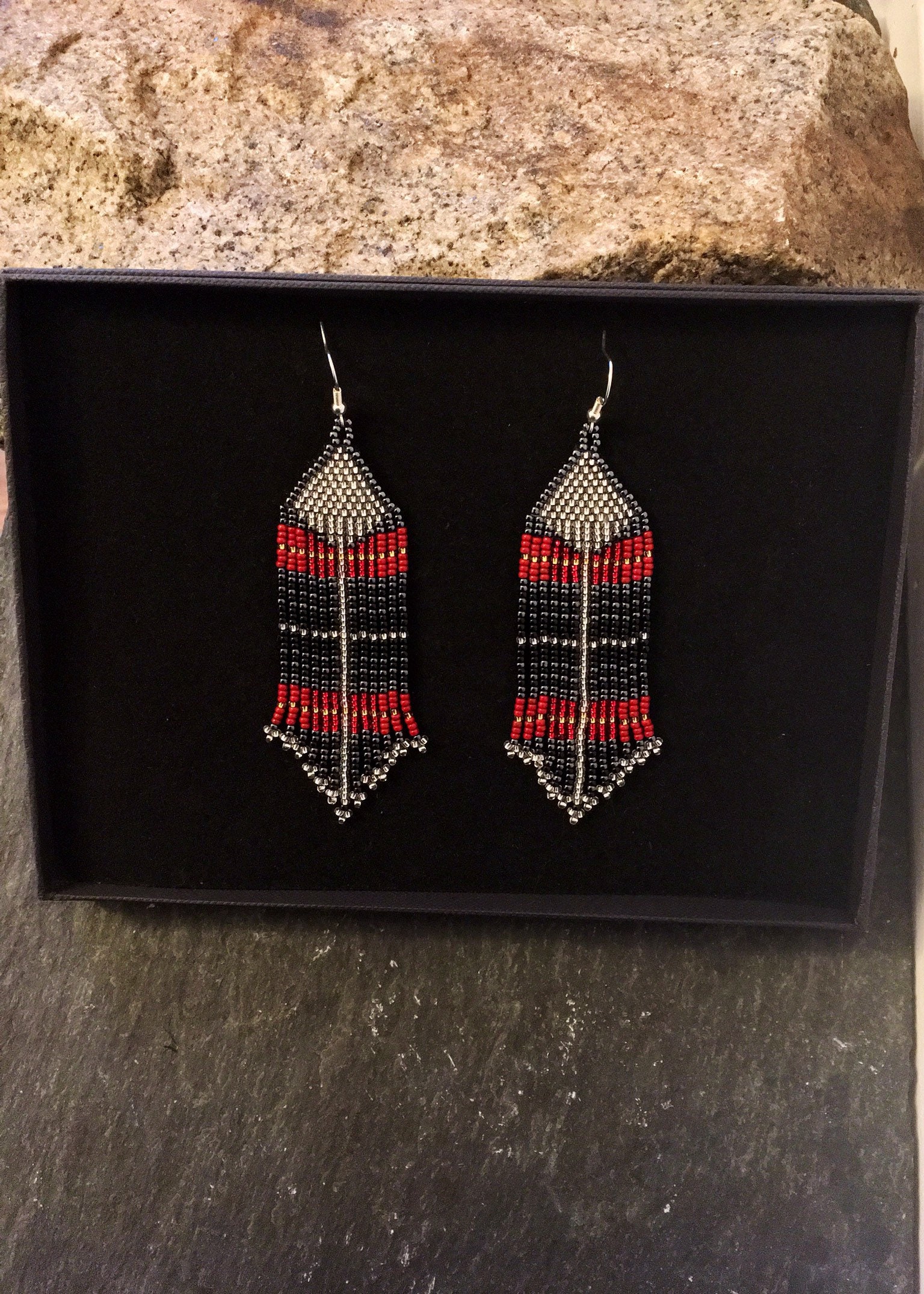 Native American Seed Bead Tartan Beaded Fringe Earrings Silver Black ...