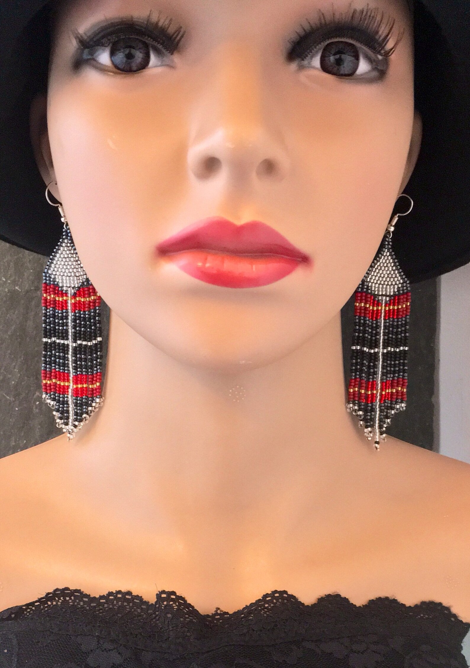 Native American Seed Bead Tartan Beaded Fringe Earrings Silver Black ...