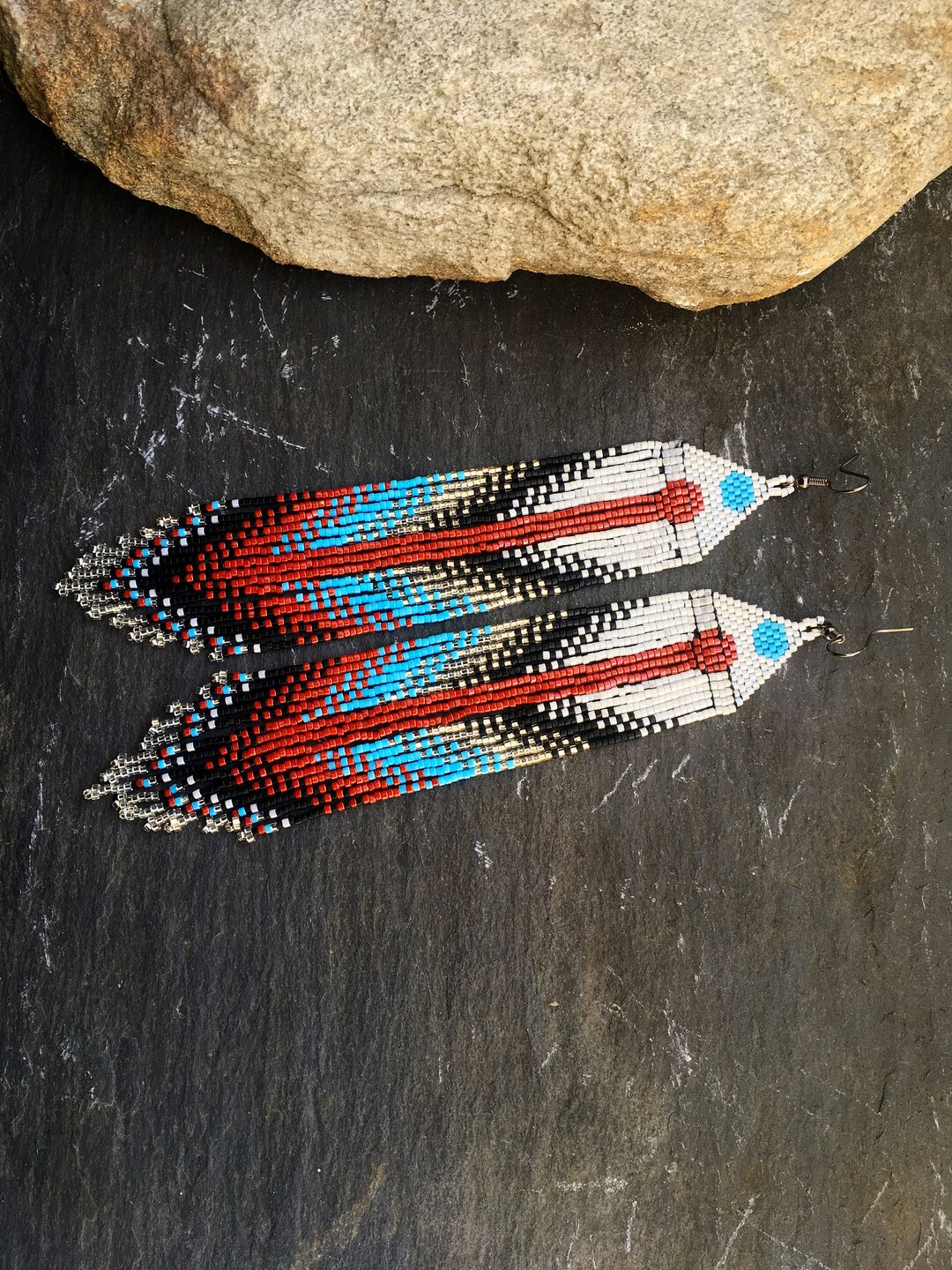 Luxury Blue Red White Black Navajo Glass Beaded Fringe Statement ...