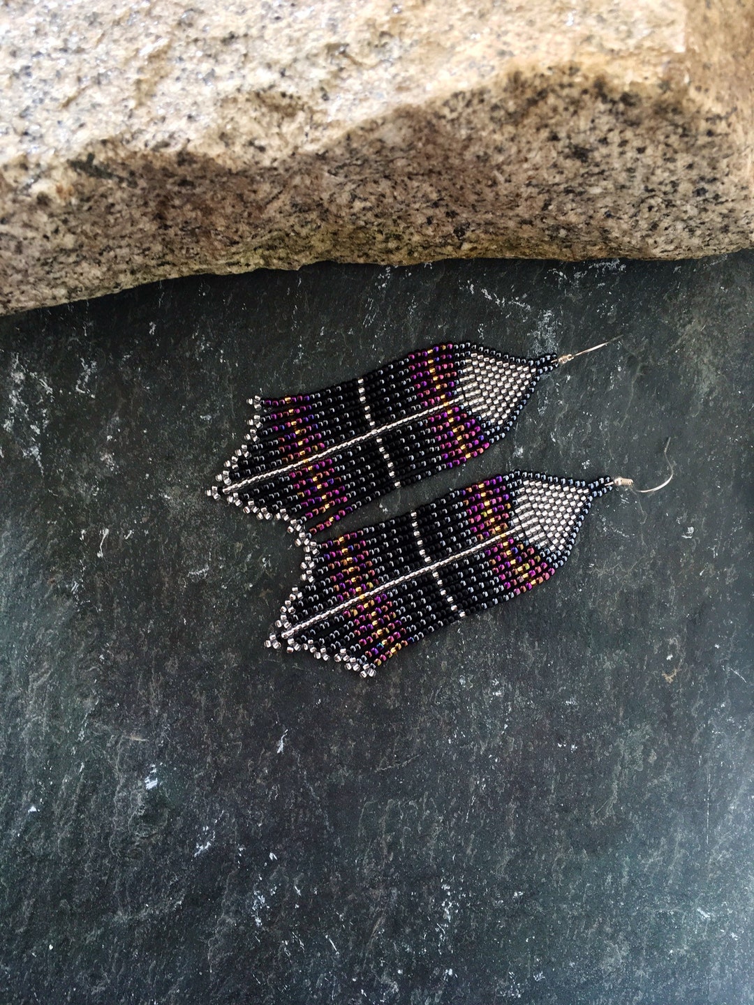 Native American Seed Bead Tartan Beaded Fringe Earrings Silver Black ...